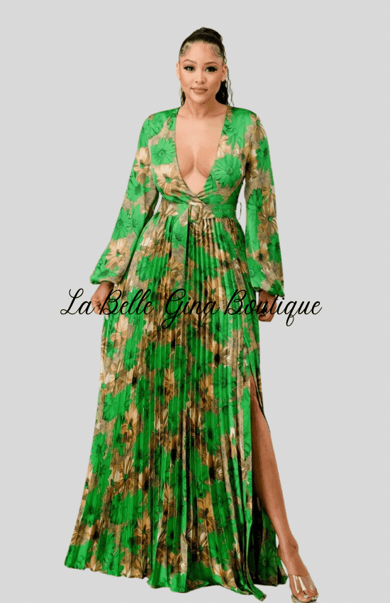 Lara Floral Print Pleated Maxi Dress-Green Combo